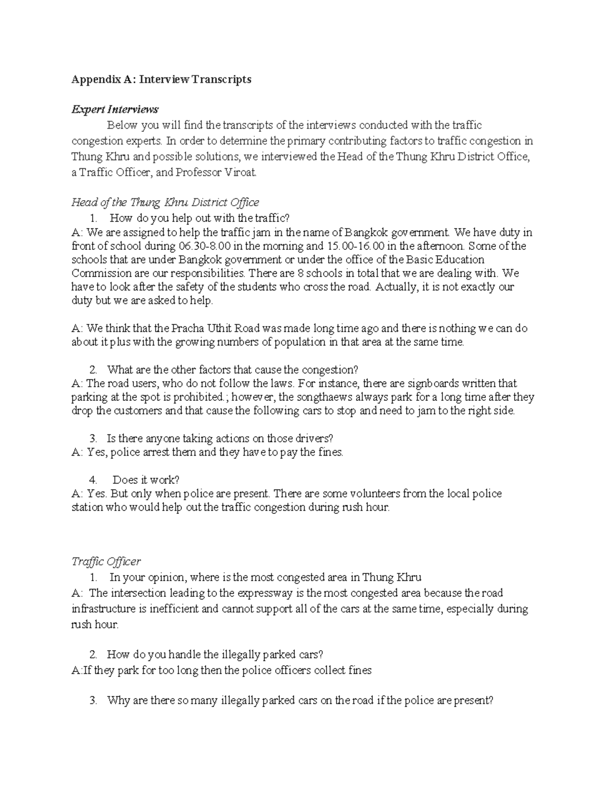 BKK16 Bangkok Traffic Additional Appendices - Appendix A: Interview ...
