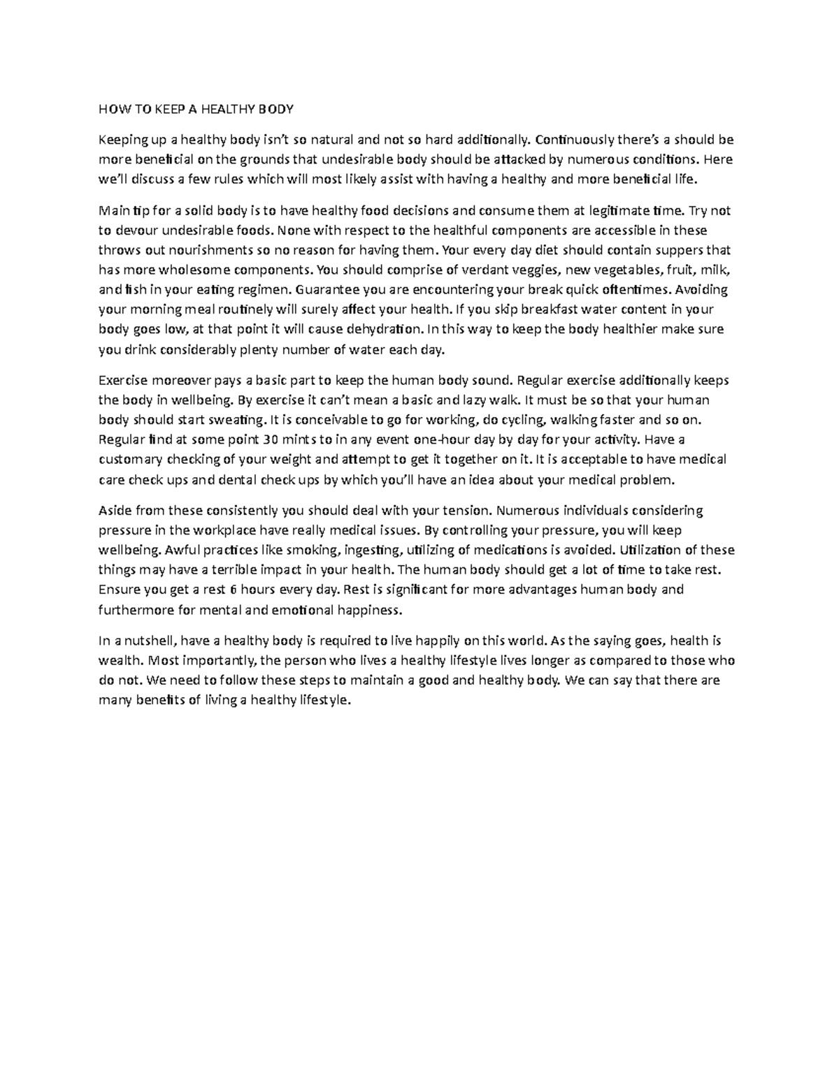 Article Example - HOW TO KEEP A HEALTHY BODY Keeping up a healthy body ...
