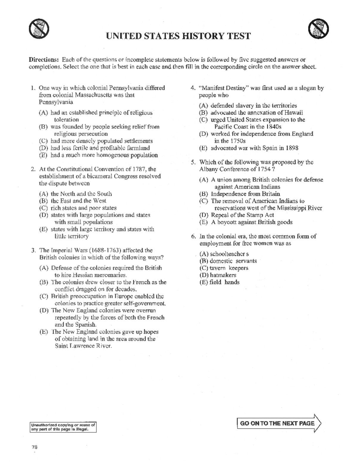 Test 2 - practice test - UNITED STATES HISTORY TEST Directions: Each of ...