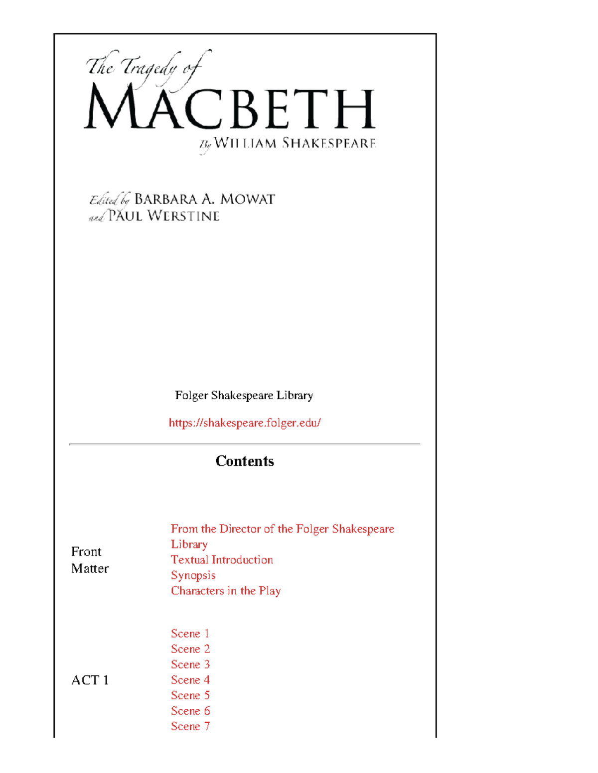 Macbeth - Front Matter From the Director of the Folger Shakespeare ...