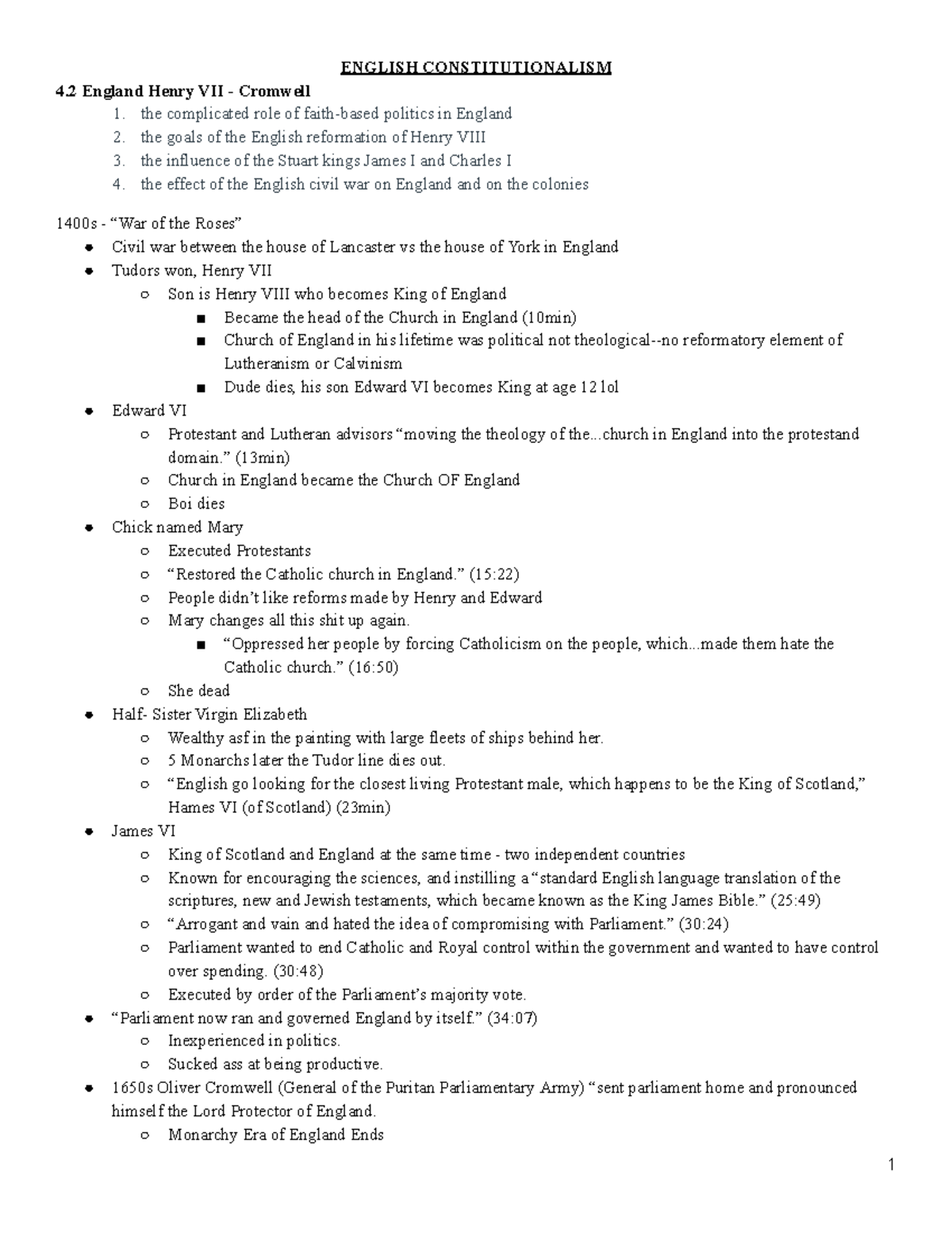 English Constitutionalism & Absolutism Notes - ENGLISH ...