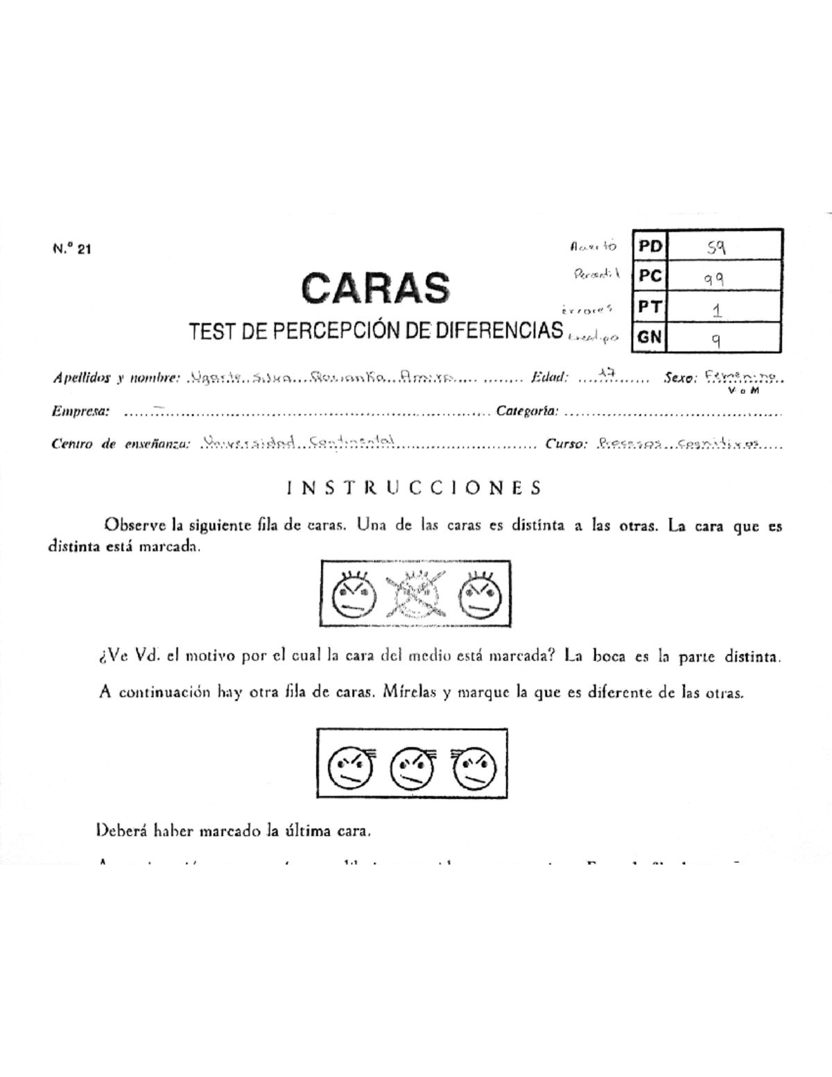 Test de caras - Procesos cognitivos básicos - Studocu