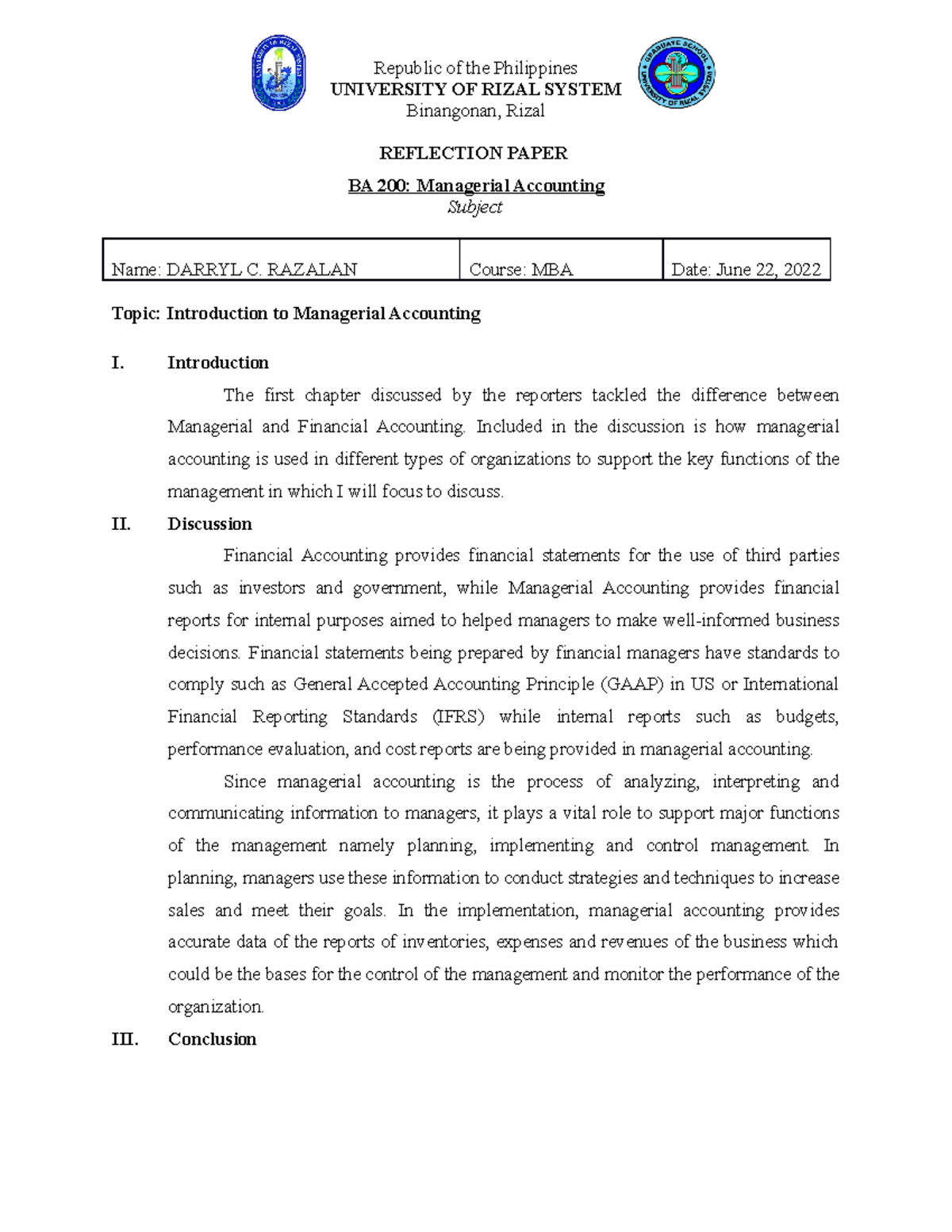 Reaction Paper - Introduction TO Managerial Accounting (Razalan, Darryl ...