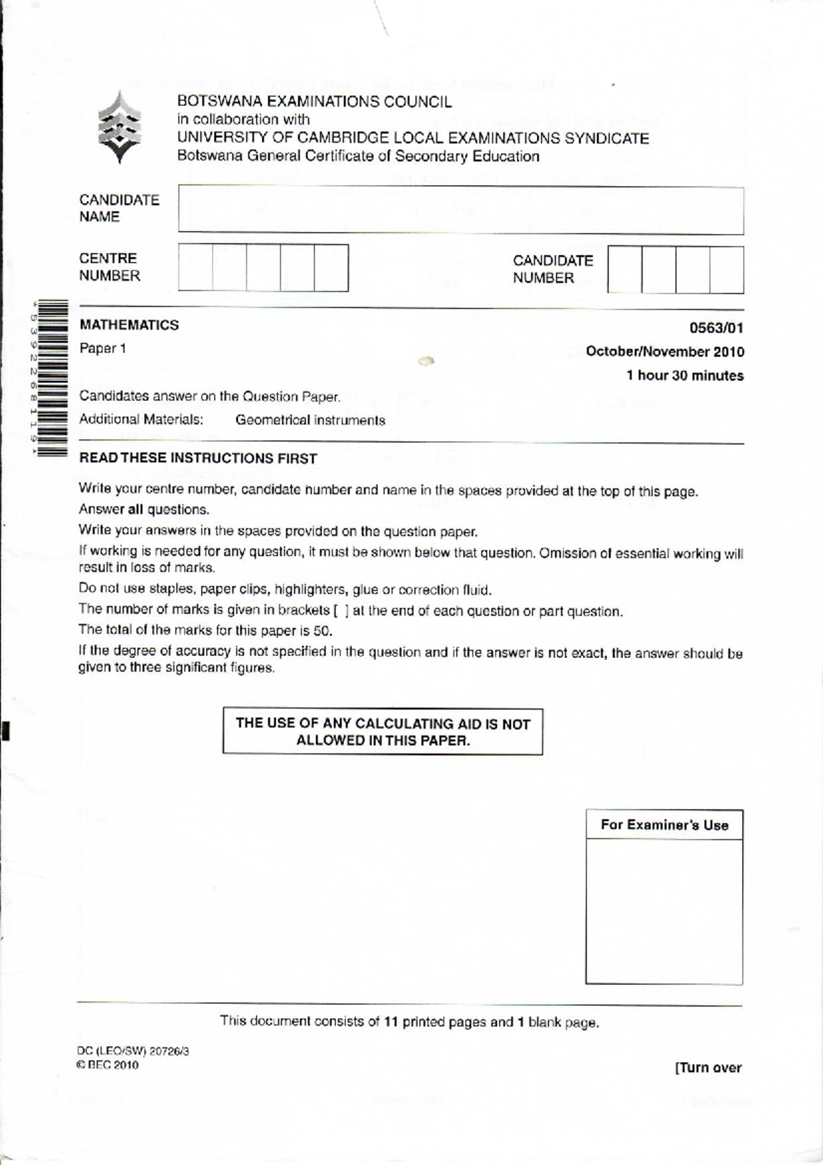 Core BGCSE Mathematics Paper 1 2010 - BOTSWANA EXAMINATIONS COUNCIL in ...