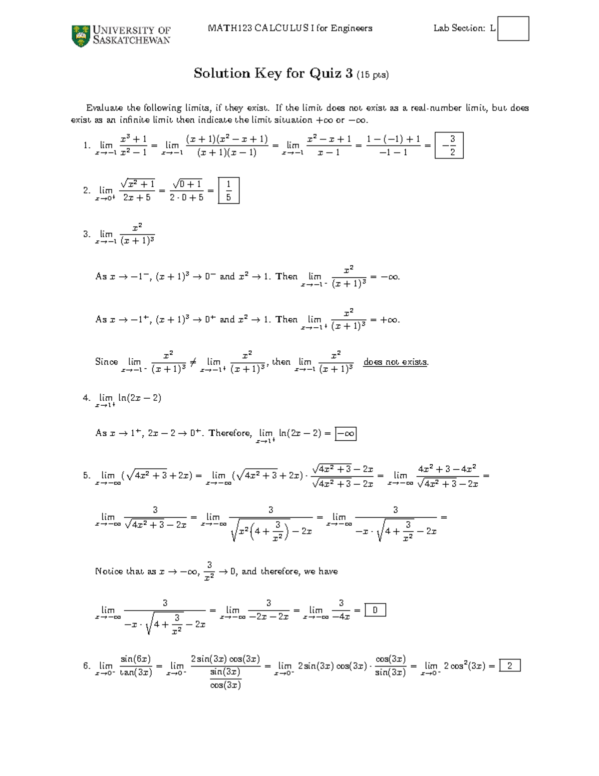 Exam 2013, Questions And Answers - Quiz 3-9 - MATH123 CALCULUS I for Engineers Lab Section: L ...