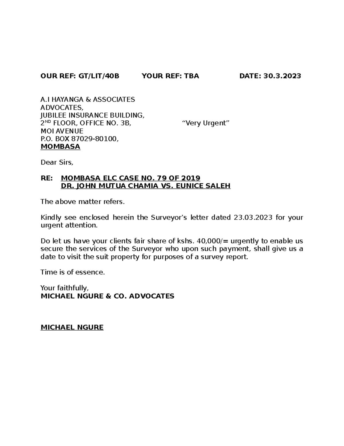 Letter to Hayanga Advocate - Bachelor of law - UoN - Studocu