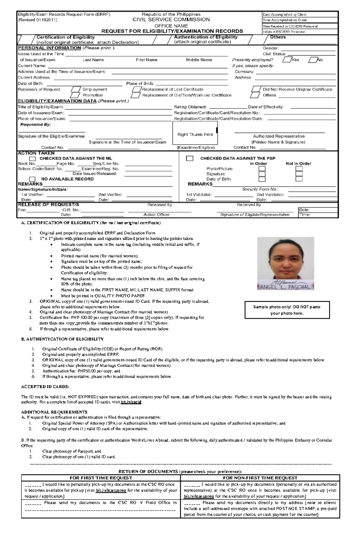 CSC RO V ERRF 2021 - bbn - Sample photo only! DO NOT paste your photo here. A. CERTIFICATION OF ...