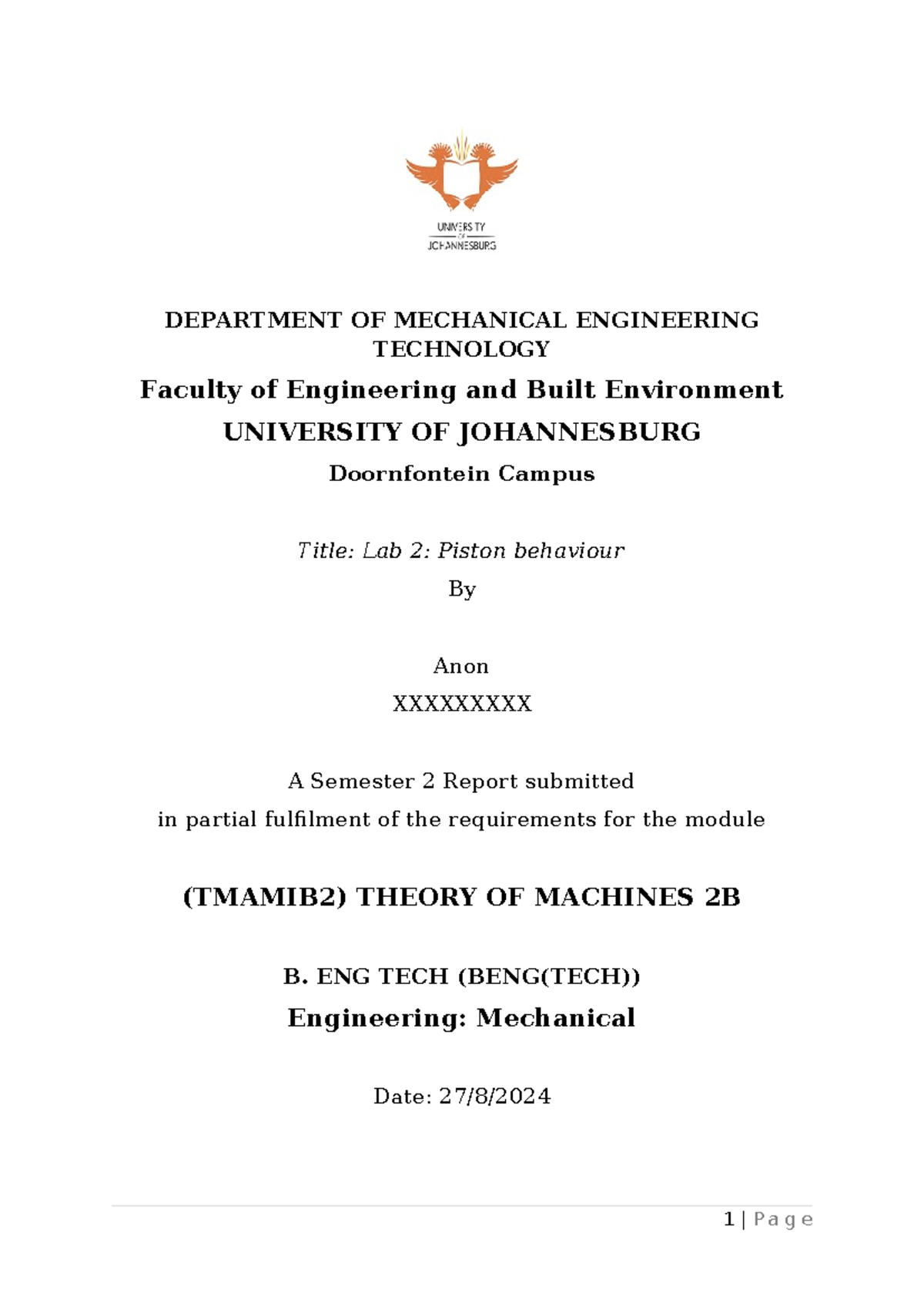 Lab 2 - Lab 2 for Theory of machines 2B - DEPARTMENT OF MECHANICAL ...