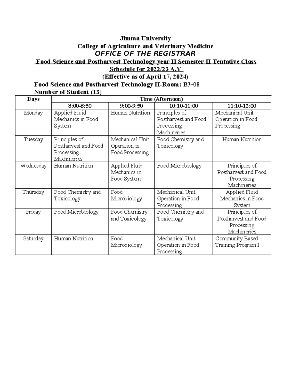 2nd year schedule - relevant to food science and post harvest technology - Jimma University ...