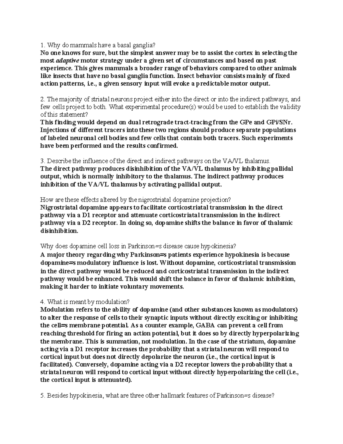 BG A - Practice Questions, Dr. Sesack - Why do mammals have a basal ...