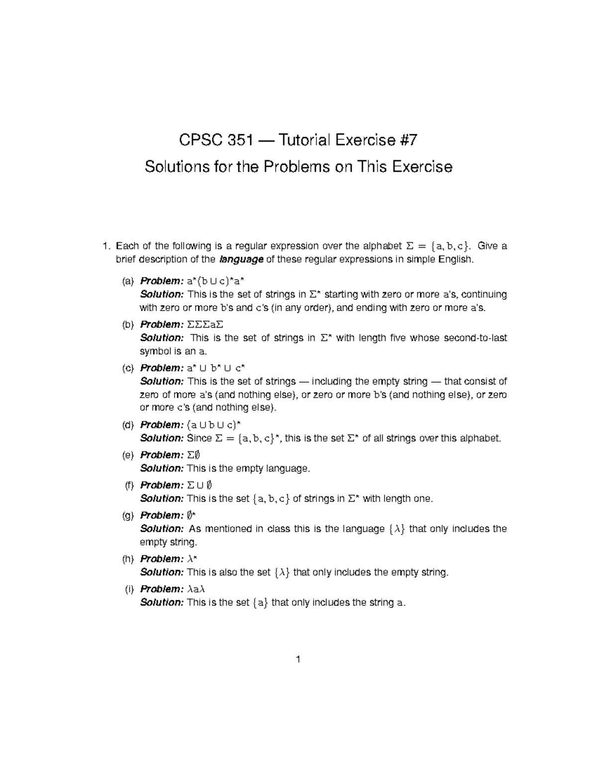 T07 solutions - sadf - CPSC 351 — Tutorial Exercise Solutions for the Problems on This Exercise ...