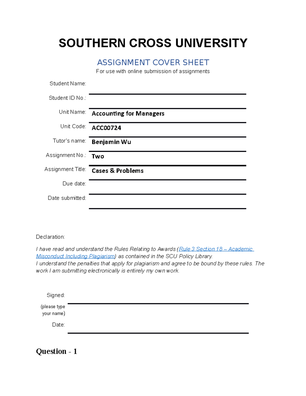 A2 - ACC Final - Accounting for Managers - SOUTHERN CROSS UNIVERSITY ...