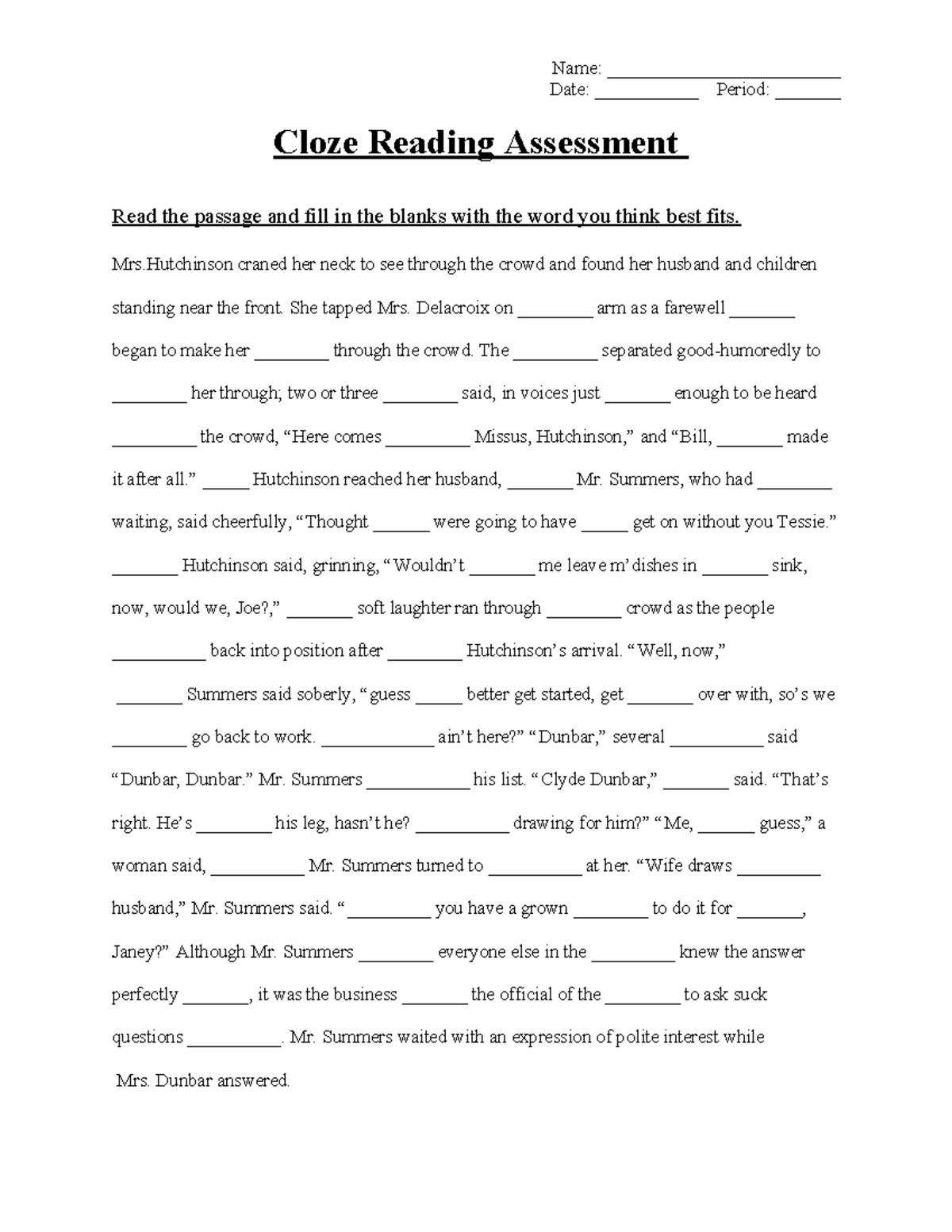 Cloze reading assessment - Name: _________________________ Date: ___________ Period ...