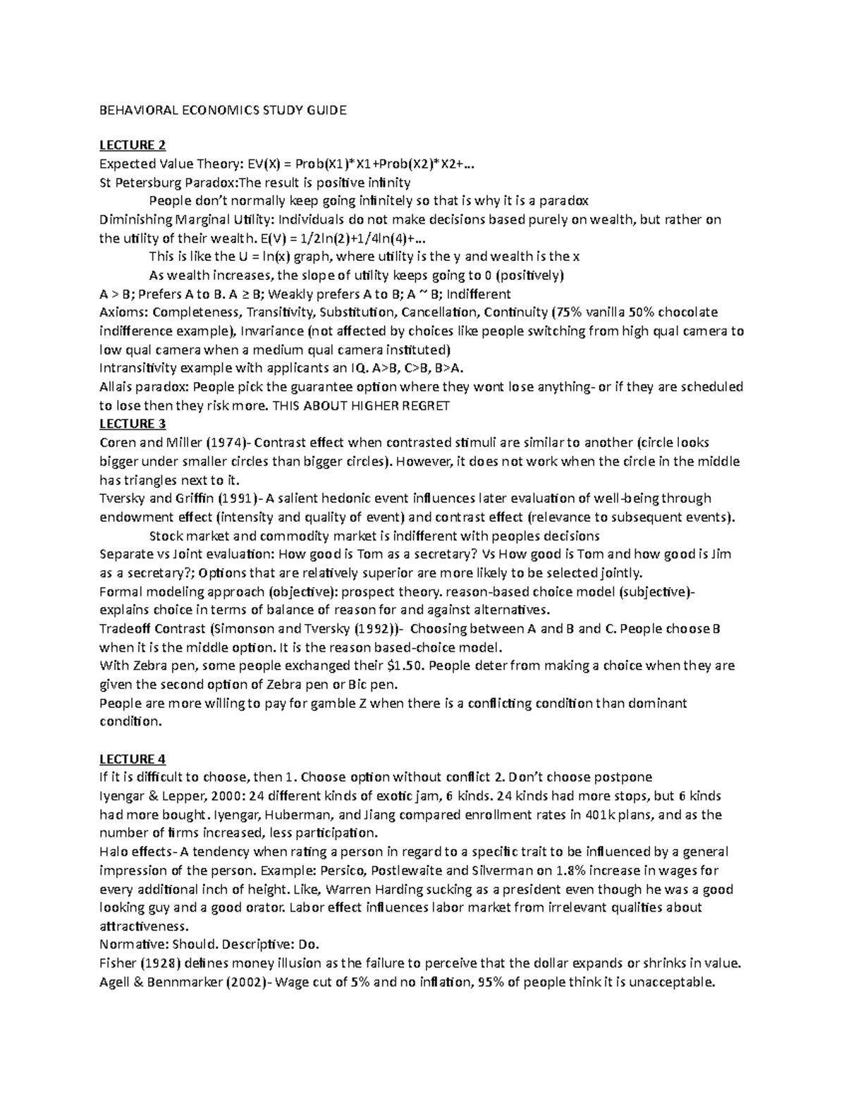Study Guide for Exam 1 - BEHAVIORAL ECONOMICS STUDY GUIDE LECTURE 2 ...