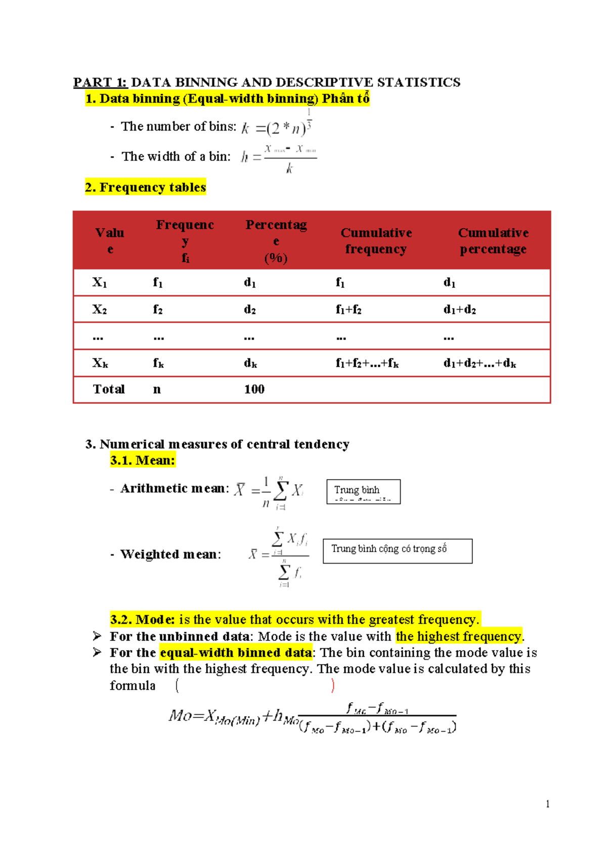 Formulas - PART 1: DATA BINNING AND DESCRIPTIVE STATISTICS 1. Data ...