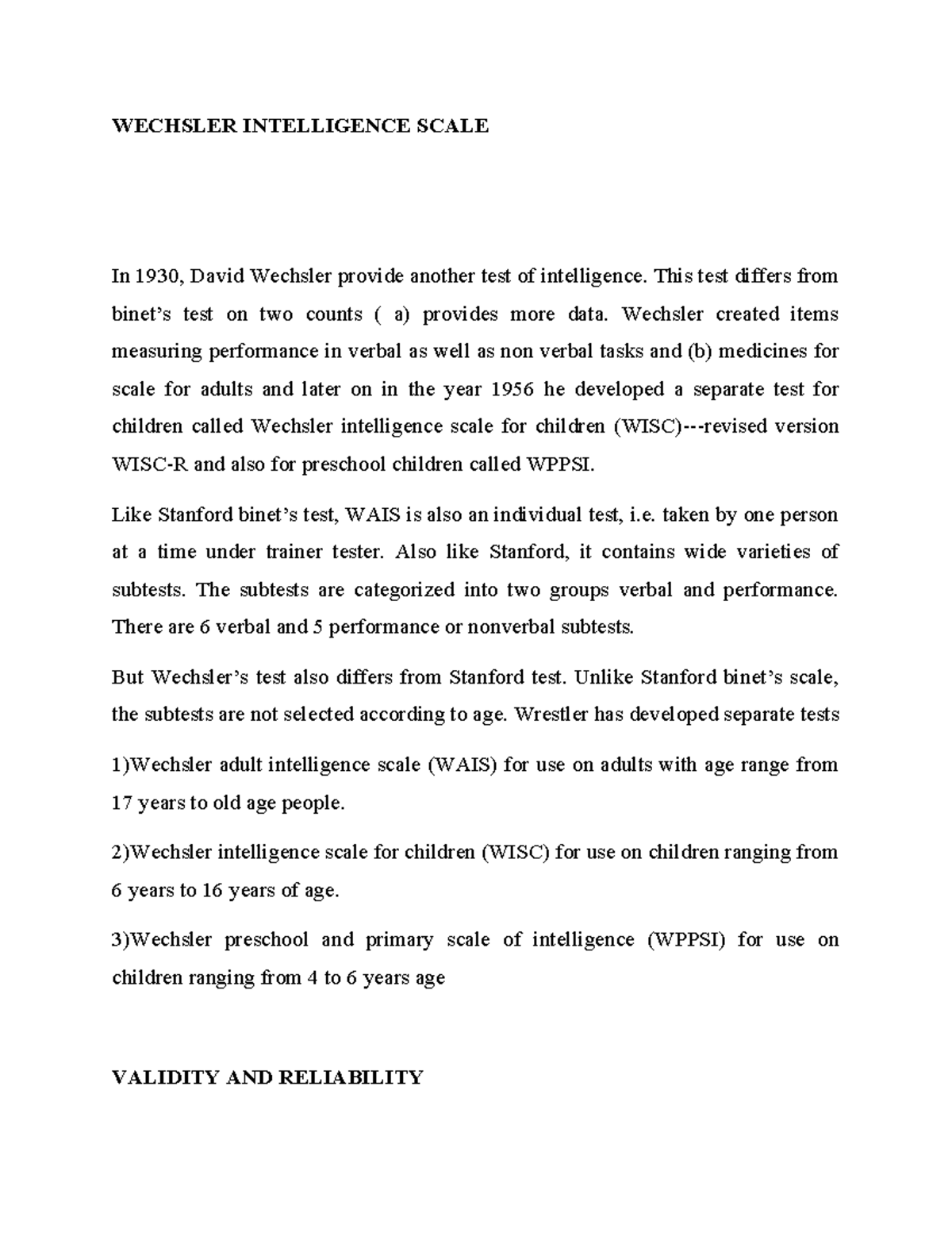 Psy assignment - wechsler - WECHSLER INTELLIGENCE SCALE In 1930, David ...