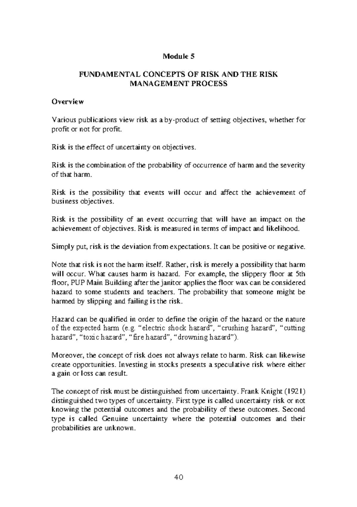 5 AND 6 - akakk lecture - Module 5 FUNDAMENTAL CONCEPTS OF RISK AND THE ...