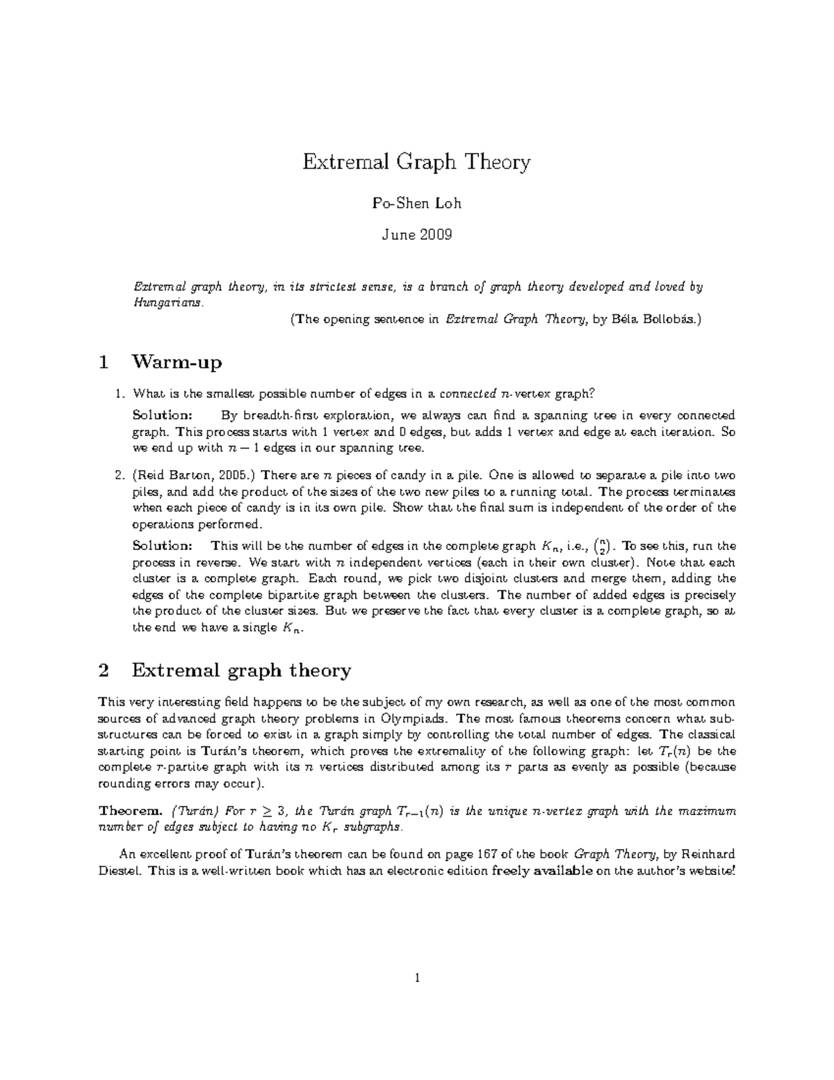 Graph Theory Extremal Extremal Graph Theory Po Shen Loh June 2009