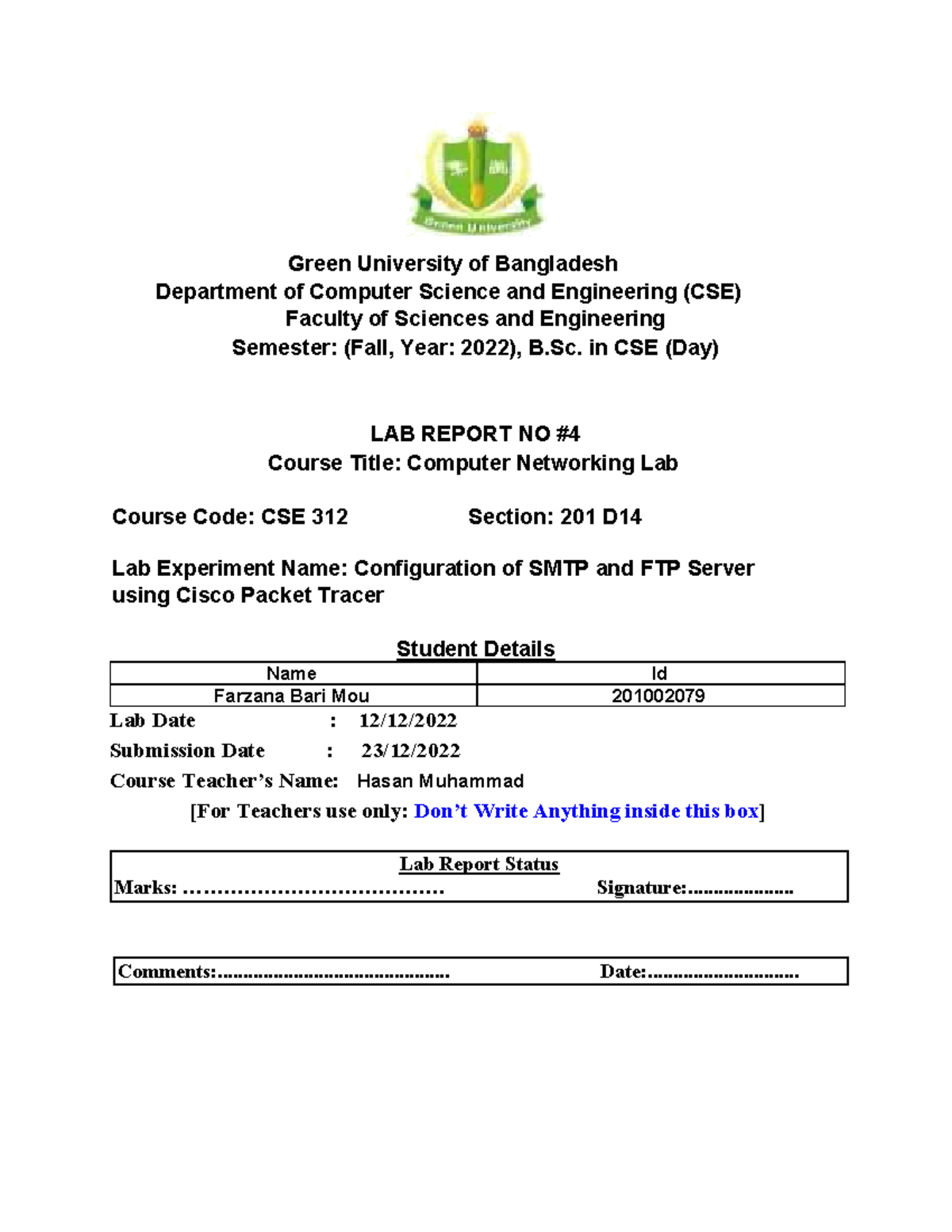 2010 02079 Farzana Bari lab 4 - Green University of Bangladesh Department of Computer Science ...
