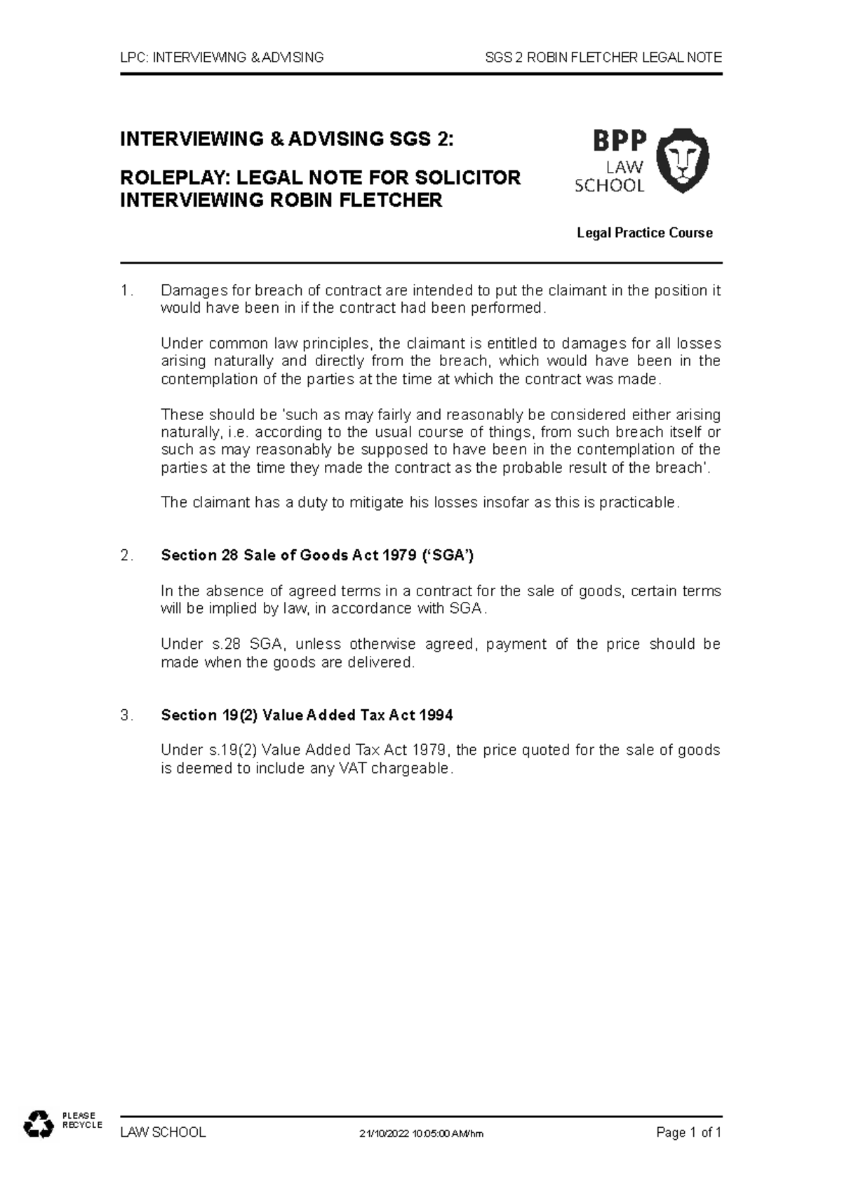 Interviewing SGS 2 Robin Fletcher Legal Note - LPC: INTERVIEWING ...