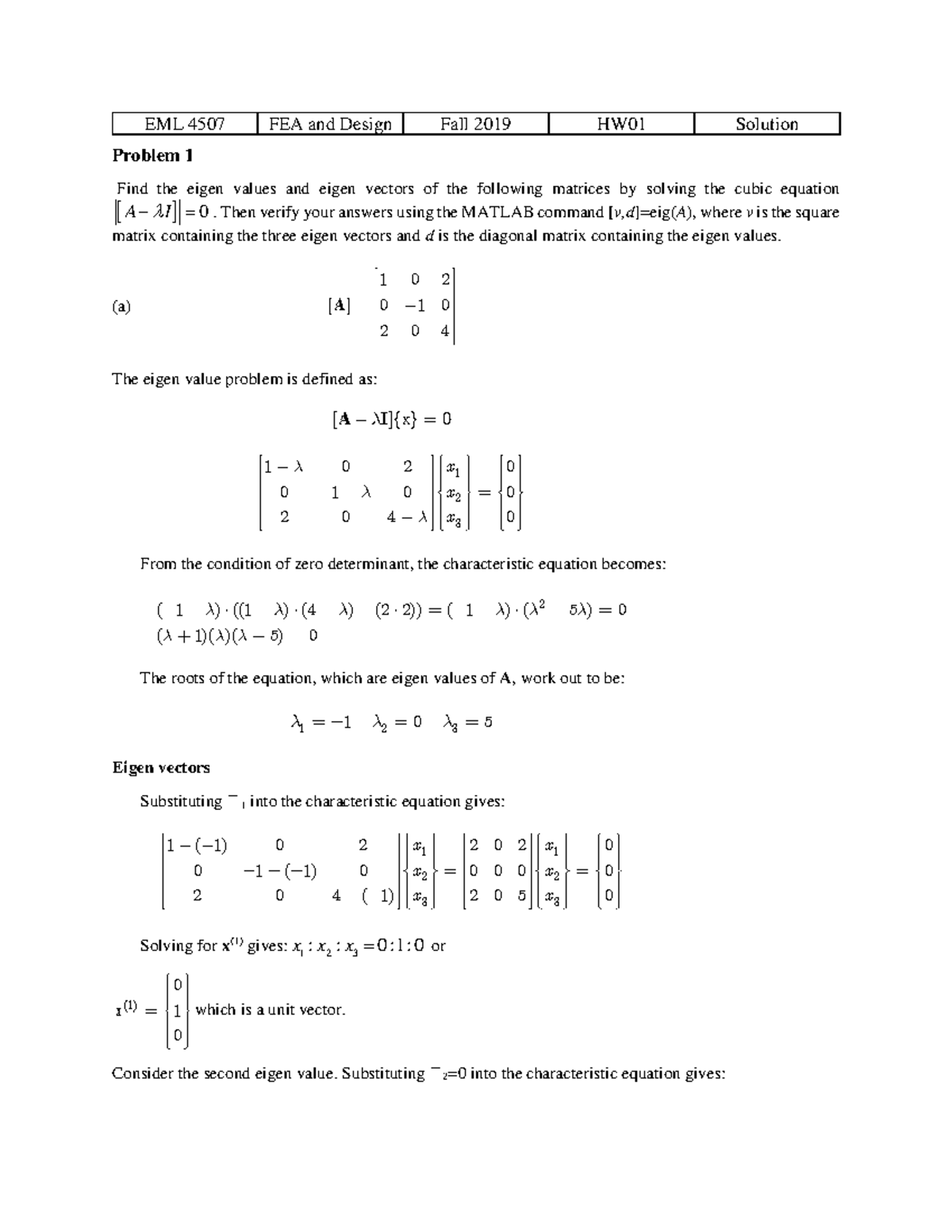 EML 4507 hw 1 homework - EML 4507 FEA and Design Fall 2019 HW01 ...