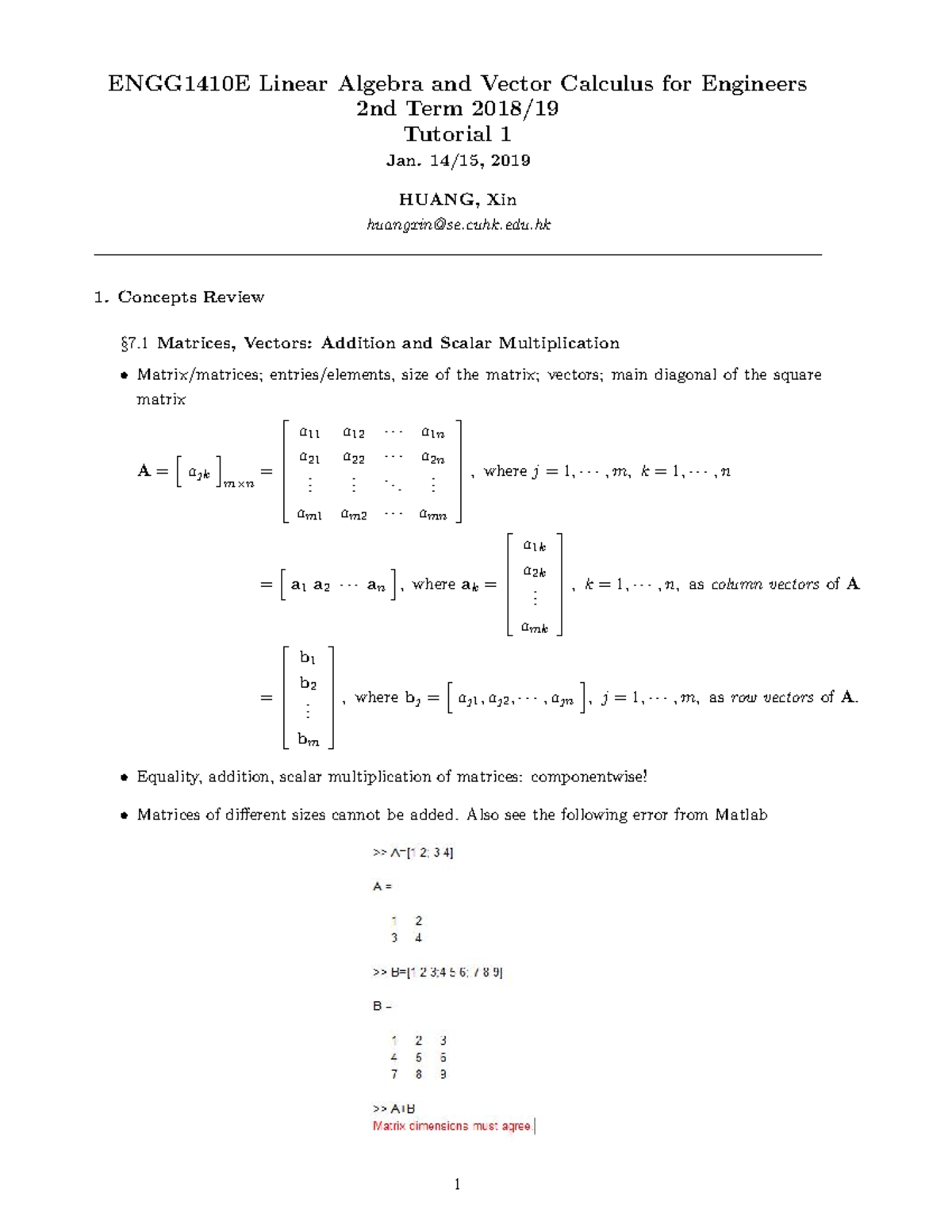 Tut01 - tut1 - ENGG1410E Linear Algebra and Vector Calculus for ...
