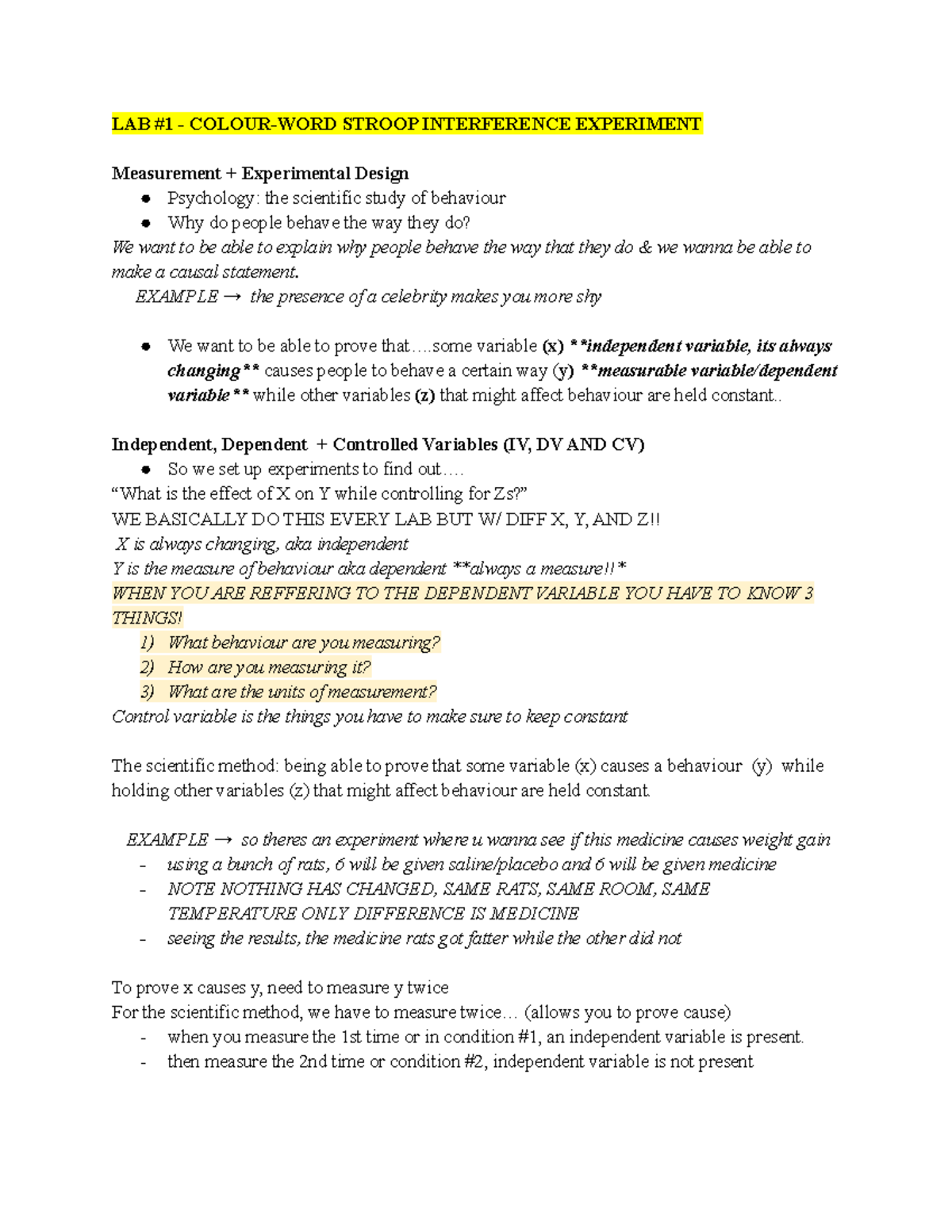 PSY100 Lab Test Notes - LAB #1 - COLOUR-WORD STROOP INTERFERENCE ...