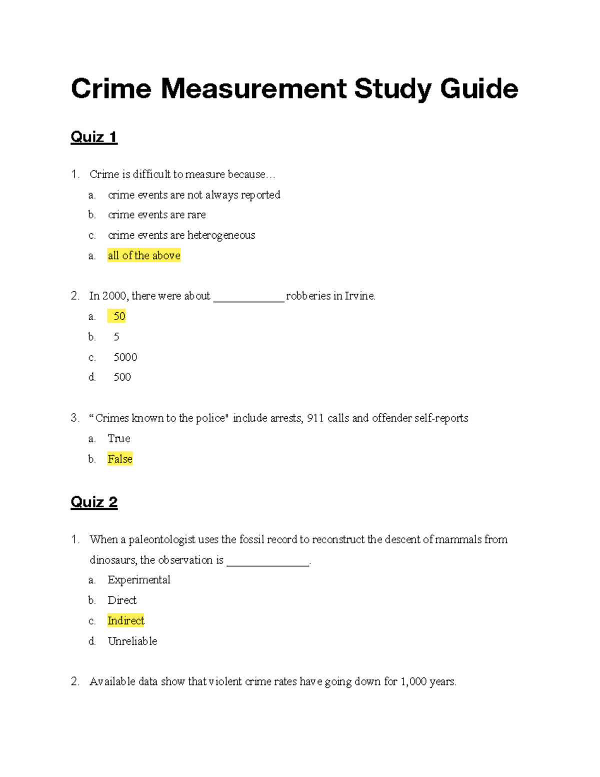 C167 Crime Measurement, Quiz 1-10 Study Guide, helps on the final ...