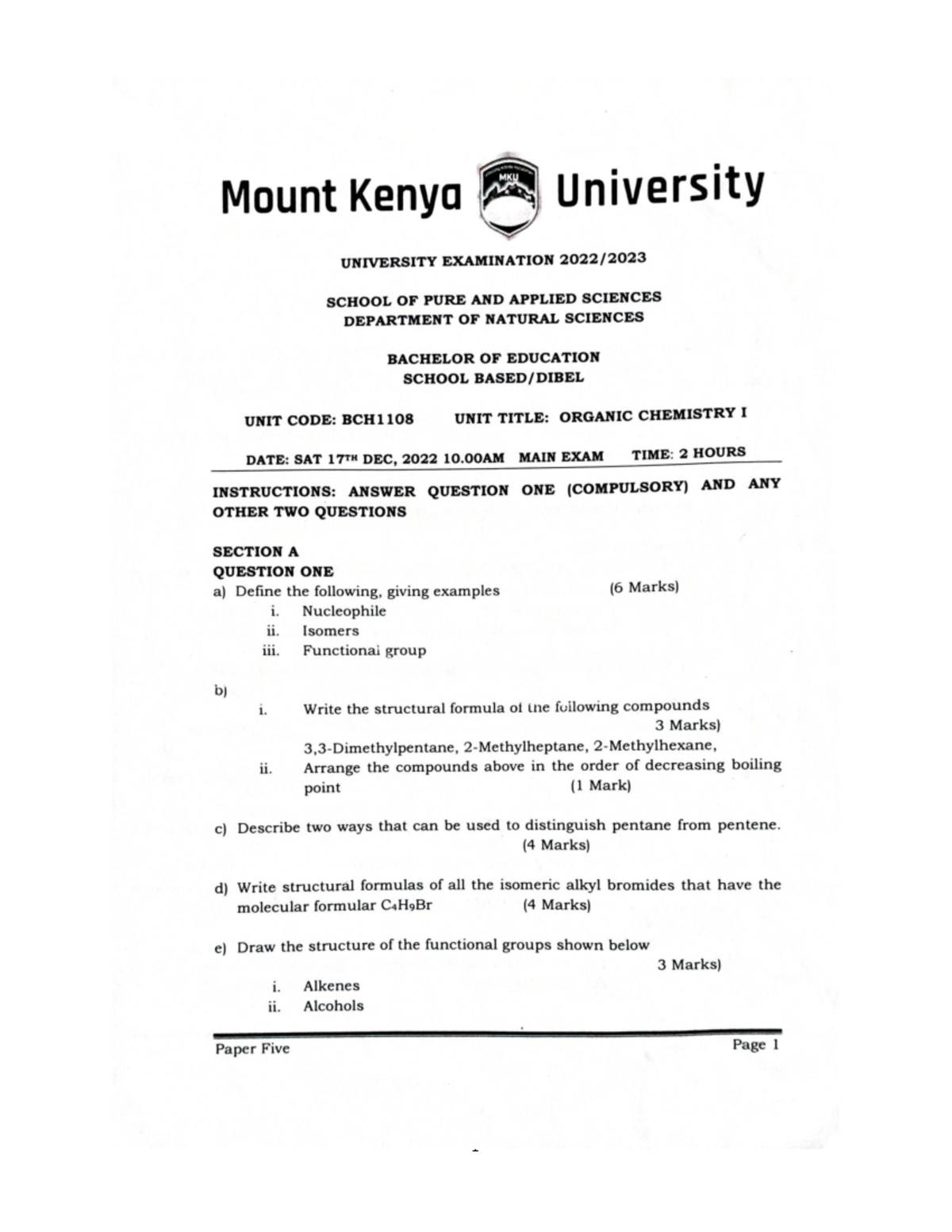 Organic chem past papers - UNIVERSITY EXAMINATION SCHOOL OF PURE AND ...