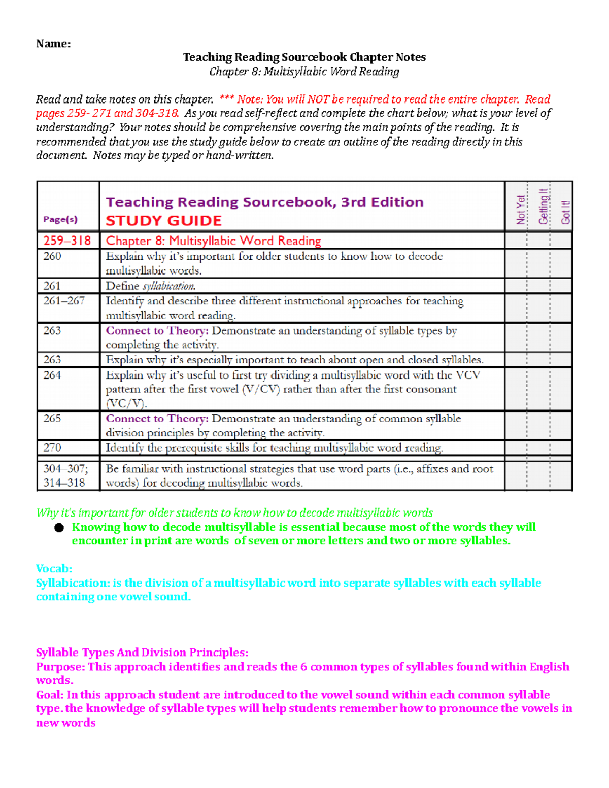 TRS 8 Study Guide - homework - Name: Teaching Reading Sourcebook ...