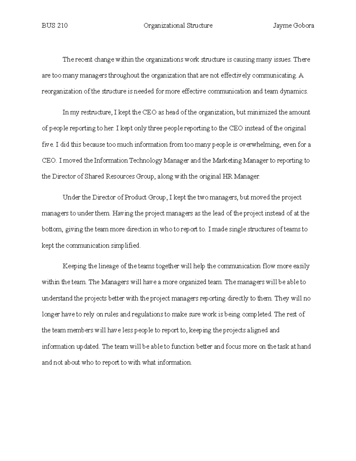 BUS 210 module 6 organizational structure - BUS 210 Organizational ...