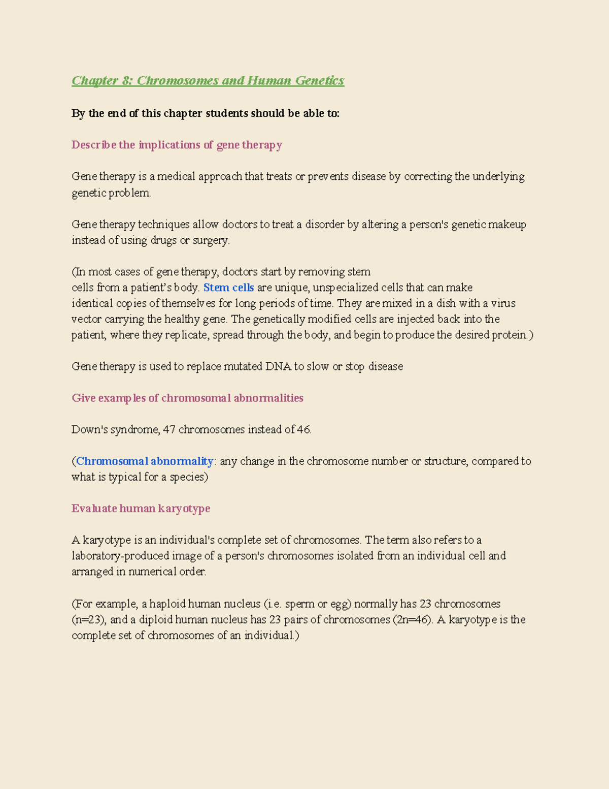 Chapter 8,9,10 exam review biology - Chapter 8: Chromosomes and Human ...