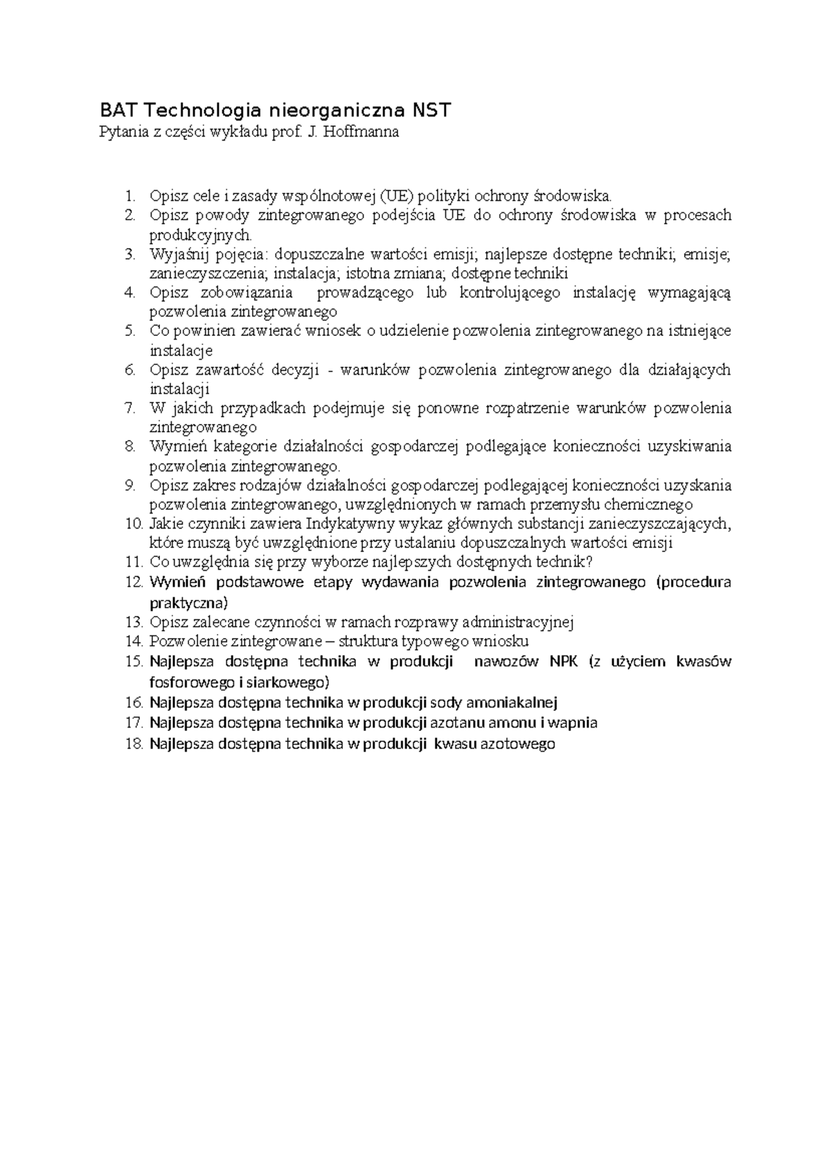 BAT JH NST wykład 2024 - BAT Technologia nieorganiczna NST Pytania z części wykładu prof. J ...