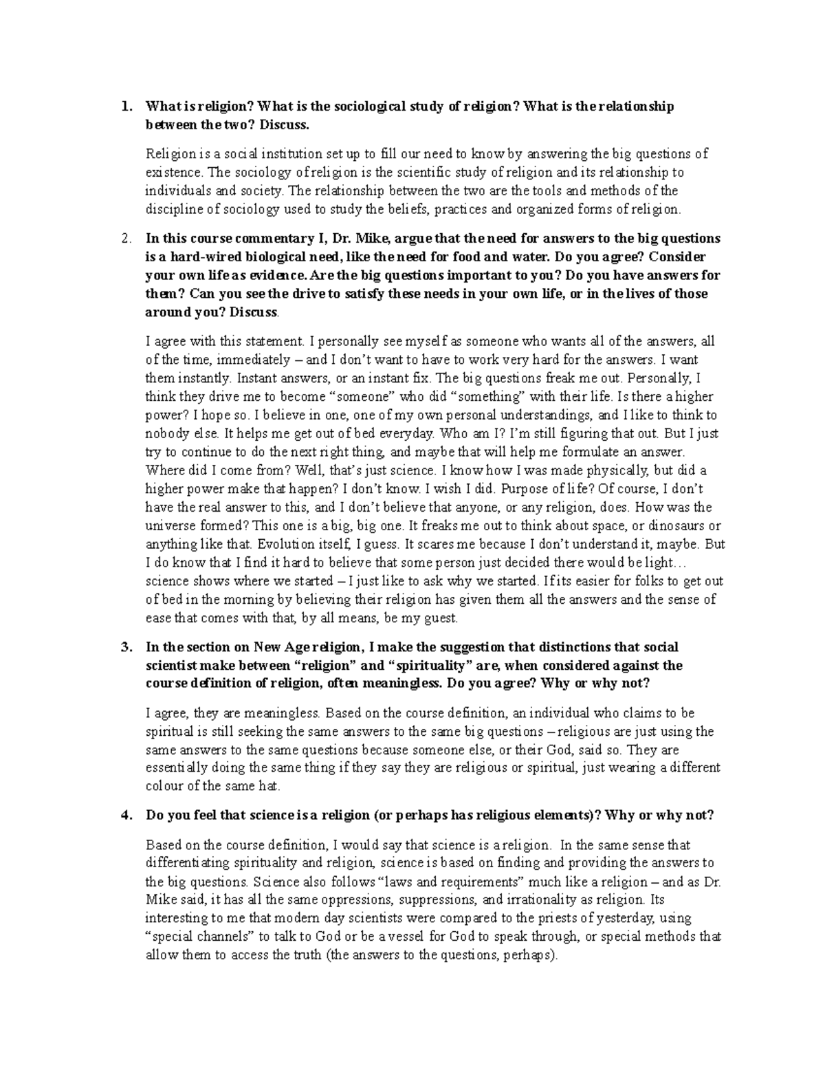 Study Questions Unit 1 - What is religion? What is the sociological ...