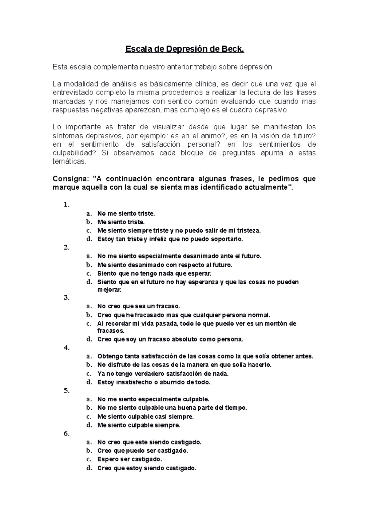 Escala de Depresión de Beck - Esta escala complementa nuestro anterior ...