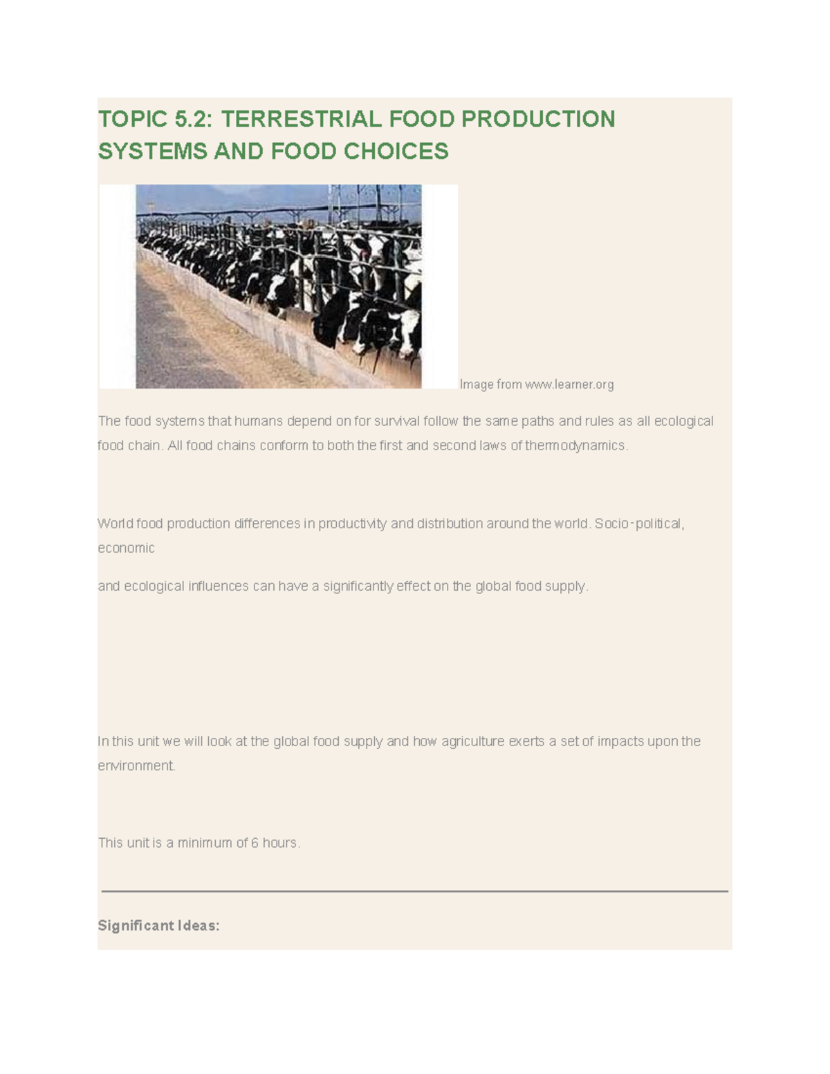 Notes Food production systems - TOPIC 5: TERRESTRIAL FOOD PRODUCTION ...