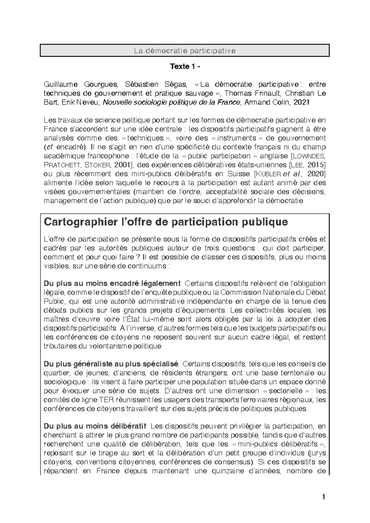 SC TD 2 2024 - La démocratie participative Texte 1 - Guillaume Gourgues ...