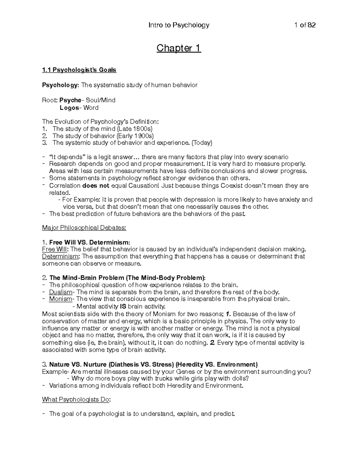 Intro to Psych - Lecture notes full year - Chapter 1 1 Psychologist’s ...