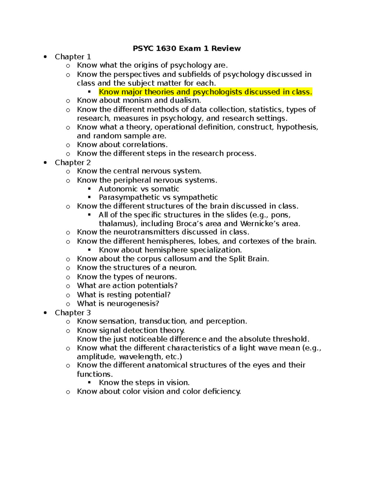 PSYC 1630 001 Exam 1 Review - PSYC 1630 Exam 1 Review Chapter 1 o Know what the origins of - Studocu