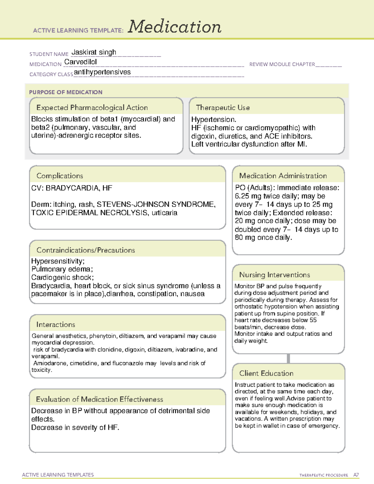 Medication card Carvedilol - ACTIVE LEARNING TEMPLATES TherapeuTic ...