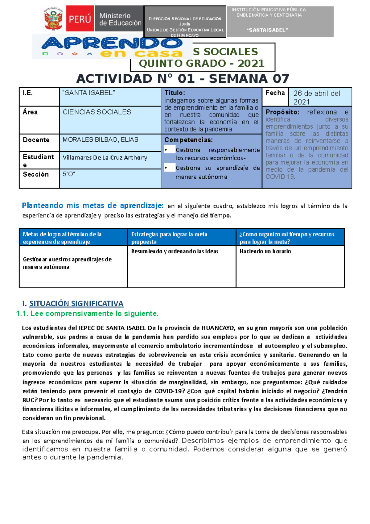 Actividad N° 04 CCSS. semana 7 villamares - CIENCIAS SOCIALES QUINTO GRADO - 2021 ACTIVIDAD N ...