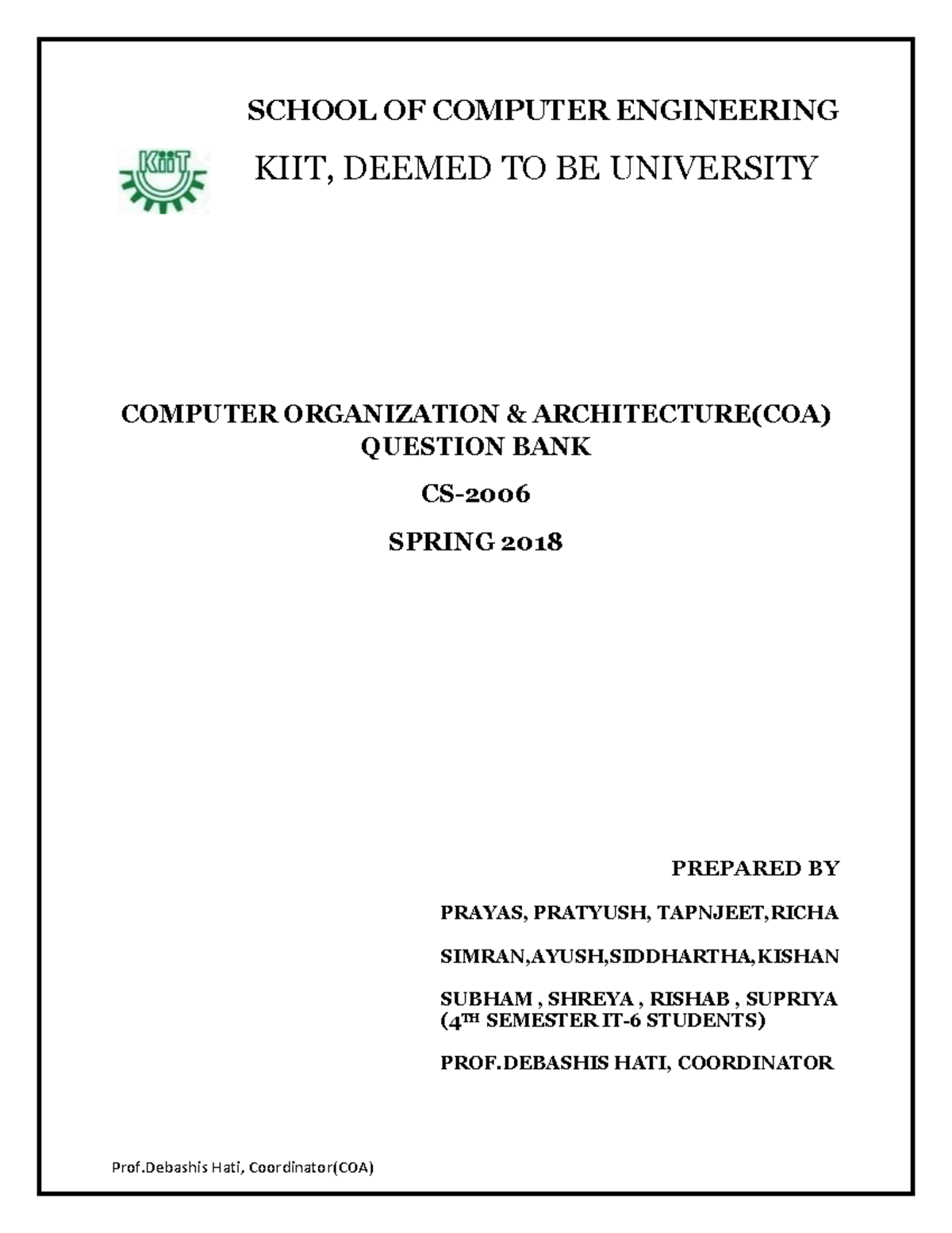 COA- Question-BANK - notes - SCHOOL OF COMPUTER ENGINEERING KIIT ...