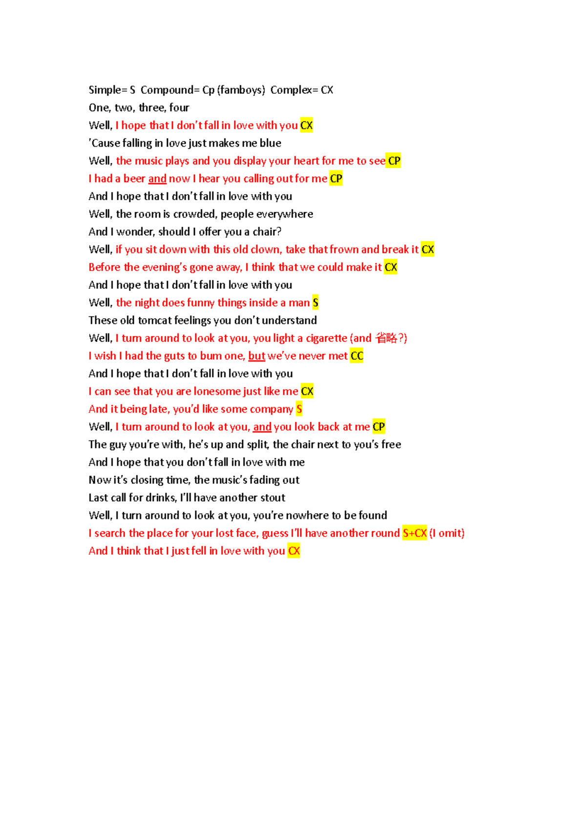 句型分析 - a work to analyze lyrics of song - Simple= S Compound= Cp ...