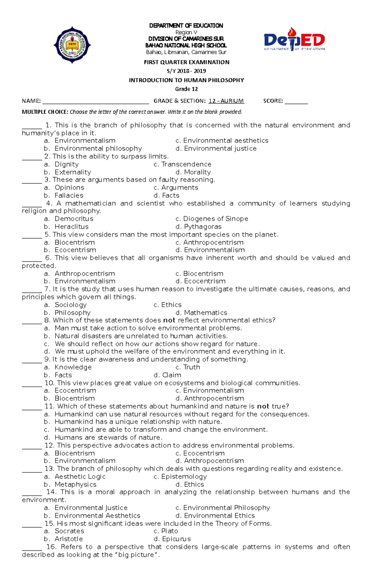 Intro to Philosophy Grade 12 - DEPARTMENT OF EDUCATION Region V ...