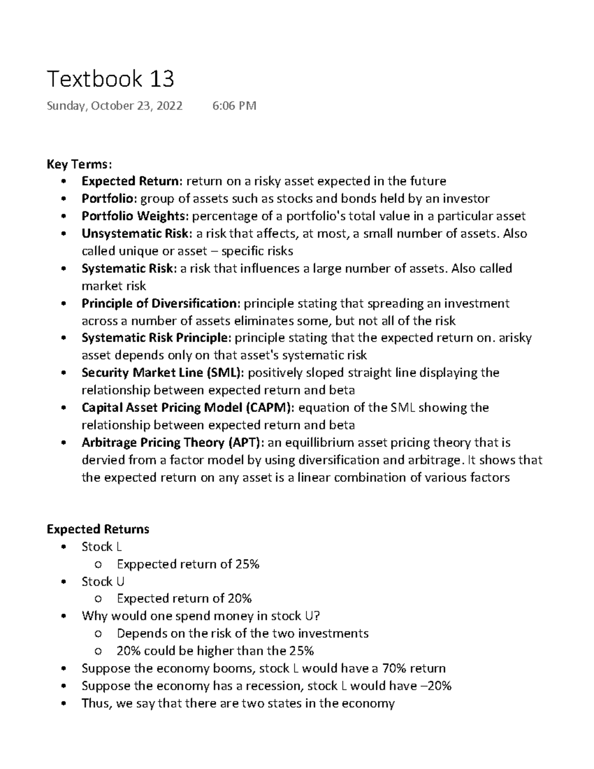 Finance Textbook 13 - Key Terms: - Expected Return: return on a risky ...