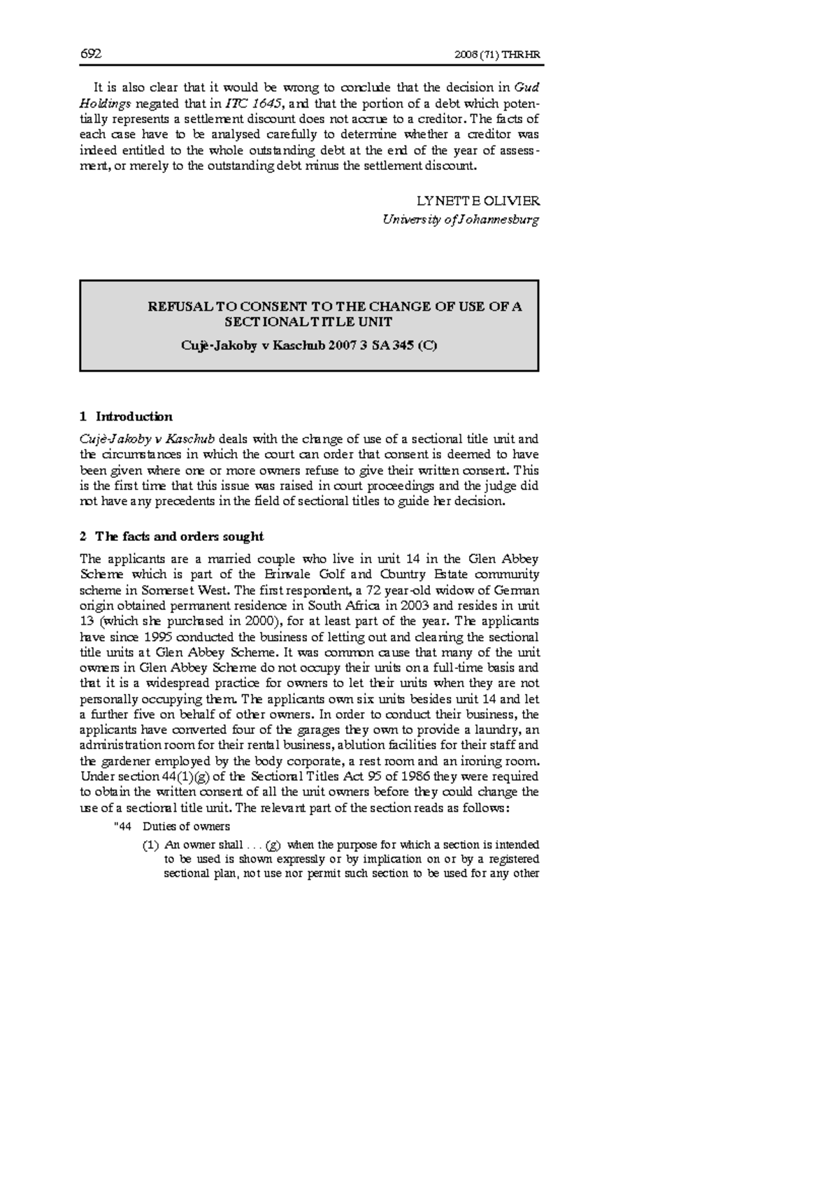 Example of case note - Sectional Titles case note. - 692 2008 (71 ...