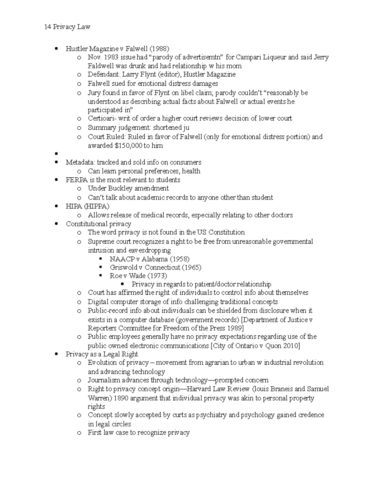 14 Privacy Law - Lecture notes 3 - 14 Privacy Law Hustler Magazine v ...