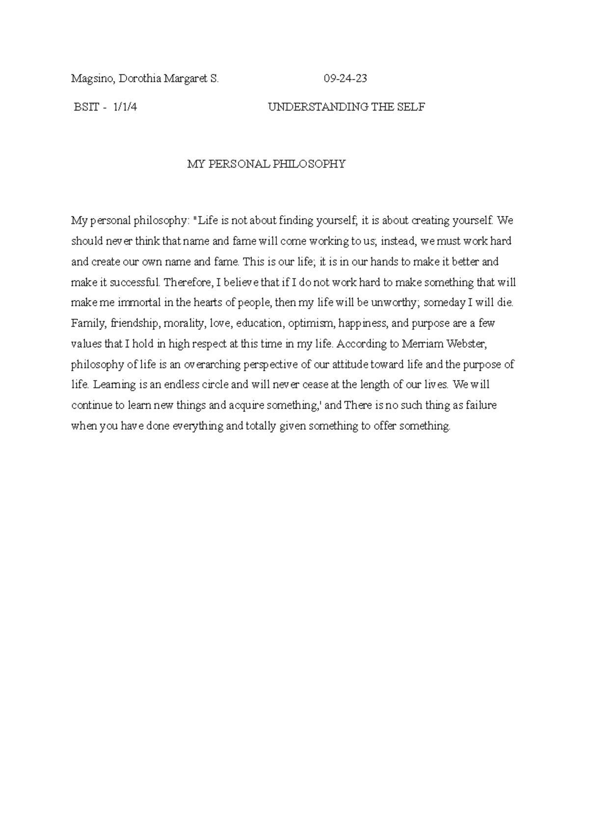 MY Personal Philosophy - Magsino, Dorothia Margaret S. 09-24- BSIT - 1 ...