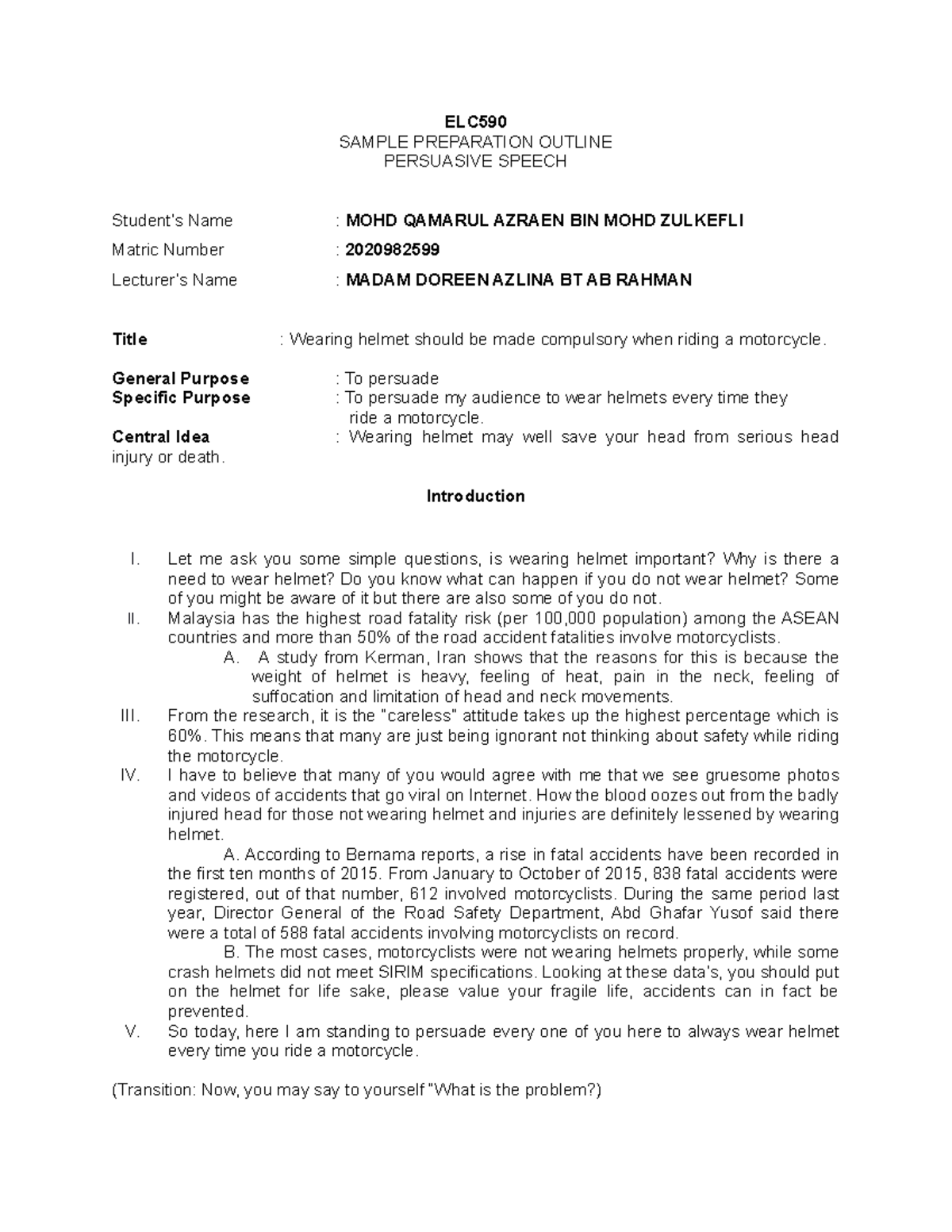 Elc 590 persuasive speech outline - ELC SAMPLE PREPARATION OUTLINE ...