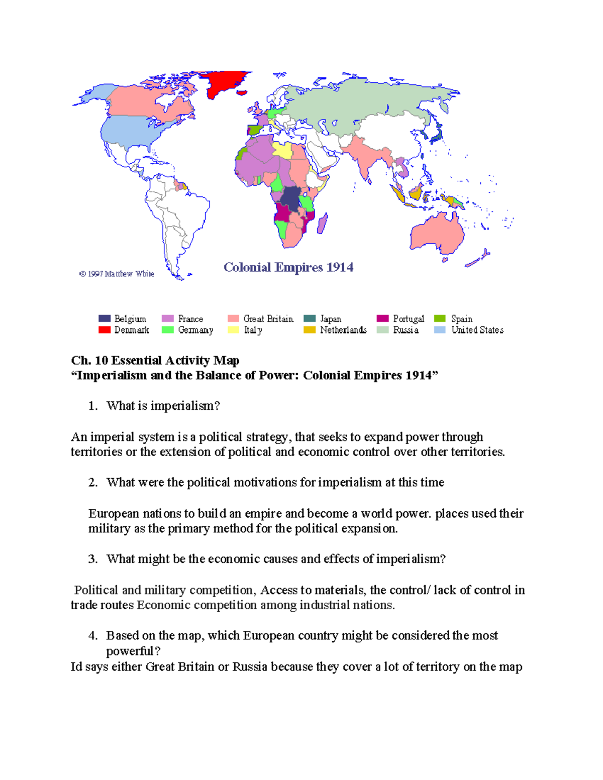 colonial empires - Ch. 10 Essential Activity Map “Imperialism and the ...